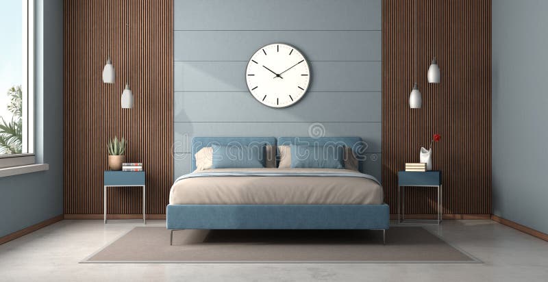 Blue and Wooden Master Bedroom with Double Bed Stock Illustration ...