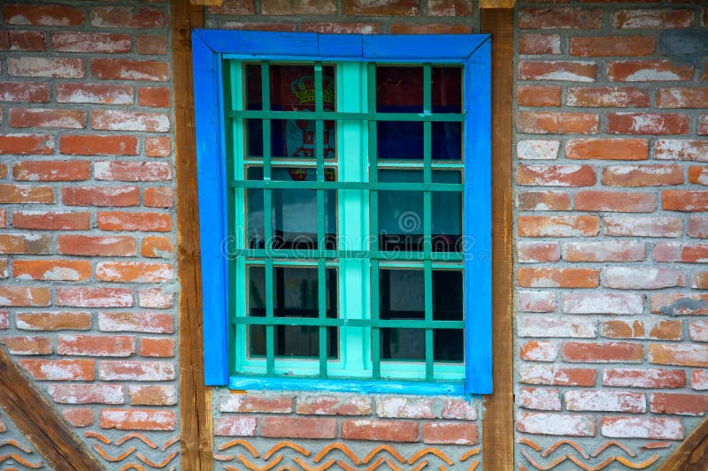 Blue Wooden Window with Bars Stock Photo - Image of house, building ...