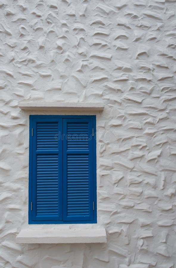 The Blue Wooden Window Frame on Building Stucco Wall at Home Stock ...