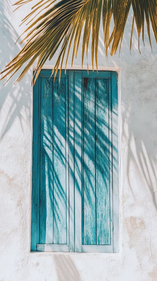 Blue Wooden Window with Palm Shadows on White Wall Stock Photo - Image ...