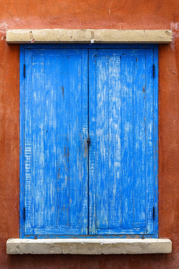 Blue Wooden Window on Red Wall Stock Image - Image of picturesque ...