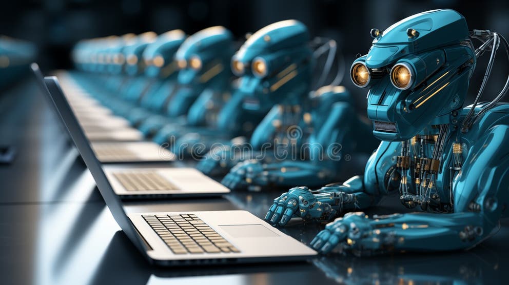 Blue Work Robots Sit Side by Side in Rows in Front of Open Laptops ...