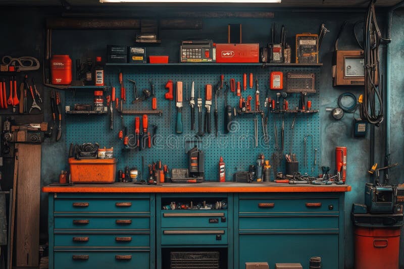 A Blue Workbench with Many Tools on it Stock Image - Image of wrench ...