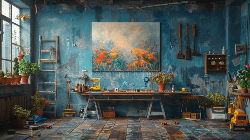 Blue Workshop with Floral Painting - Generative Ai Stock Illustration ...