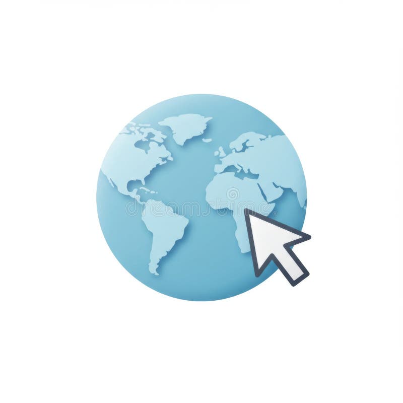 Blue World Globe with Arrow Cursor Navigation on White Background Stock ...