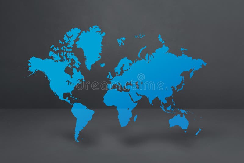Blue World Map on Black Concrete Wall Background. 3D Illustration Stock ...