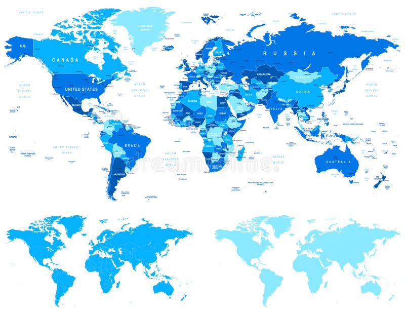 Blue World Map - Borders, Countries and Cities - Illustration. Stock ...