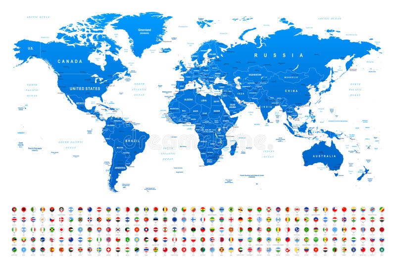 Blue World Map - Borders, Countries and Cities -illustration Stock ...