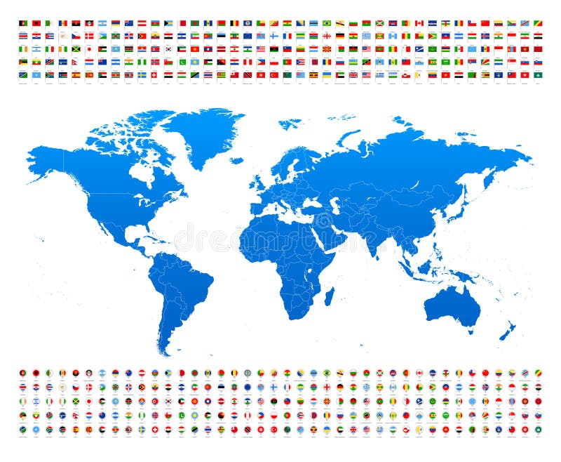 Blue World Map and Flags - Borders, Countries and Cities -illustration ...