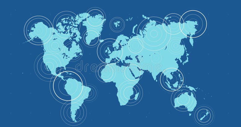 Blue World Map with Radiating White Concentric Circles Over Territories ...