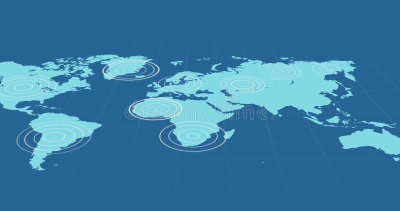 Blue World Map with Radiating White Concentric Circles Over Territories ...