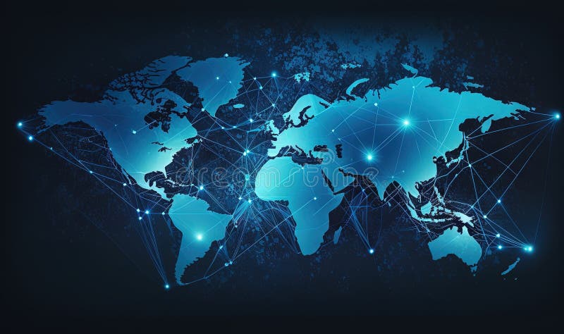 A Blue World Map is Shown on a Dark Background with Dots Stock ...