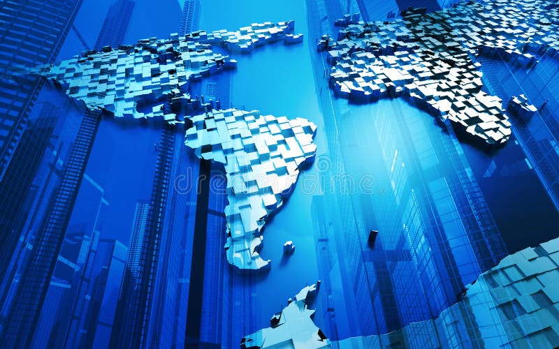 Blue World Map and Skyscrapers Stock Illustration - Illustration of ...