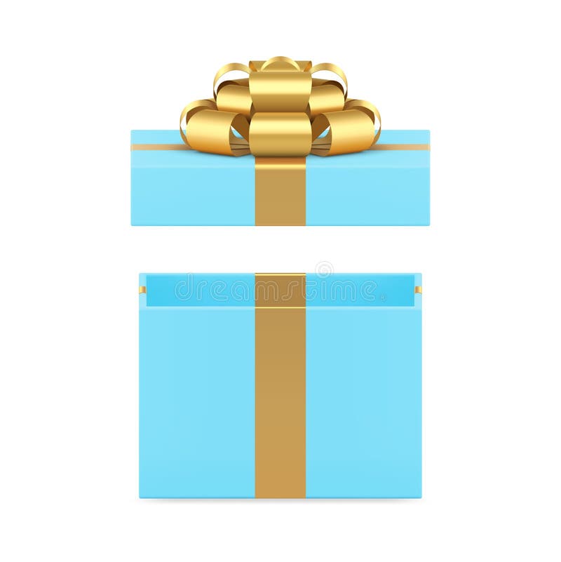 Blue Wrapped Open Gift Box Rectangular Pack with Golden Bow Ribbon 3d ...