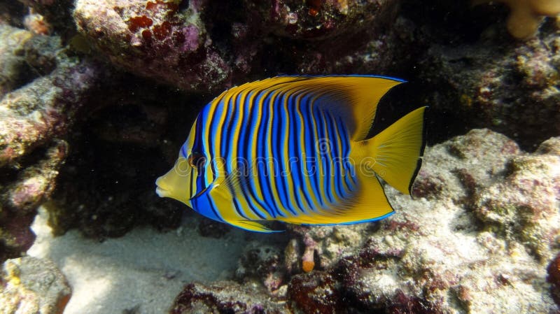 Blue and Yellow Angelfish Swimming in Coral Reef Stock Illustration ...
