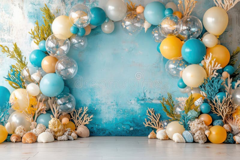 A Blue and Yellow Archway Made of Balloons and Shells Stock ...