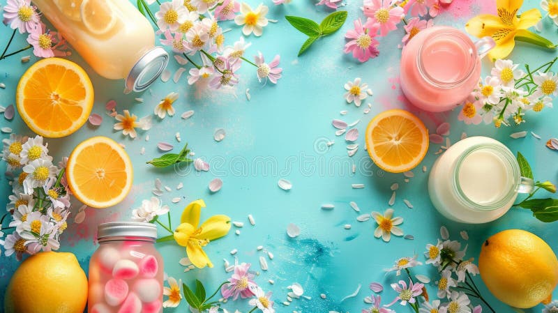 Blue and Yellow Background with Starfish, Shells, and Other Items Stock ...