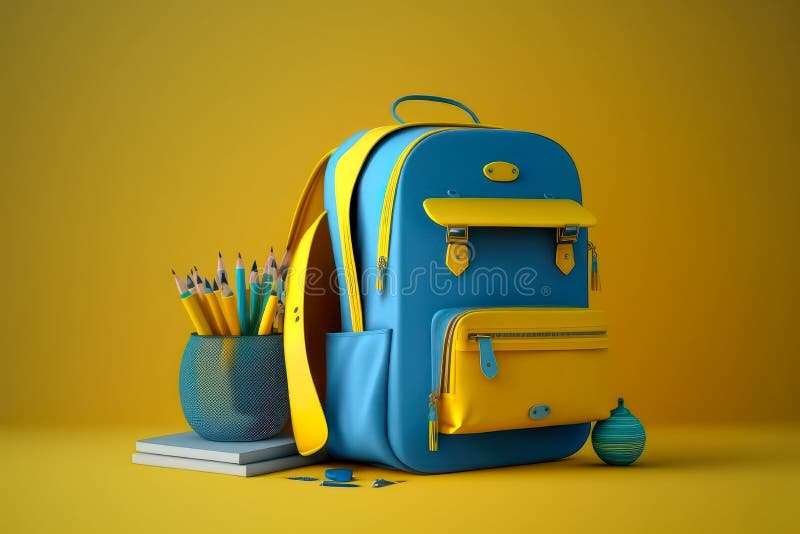 Blue and Yellow Backpack with Pencils in it. Generative AI Stock Photo ...