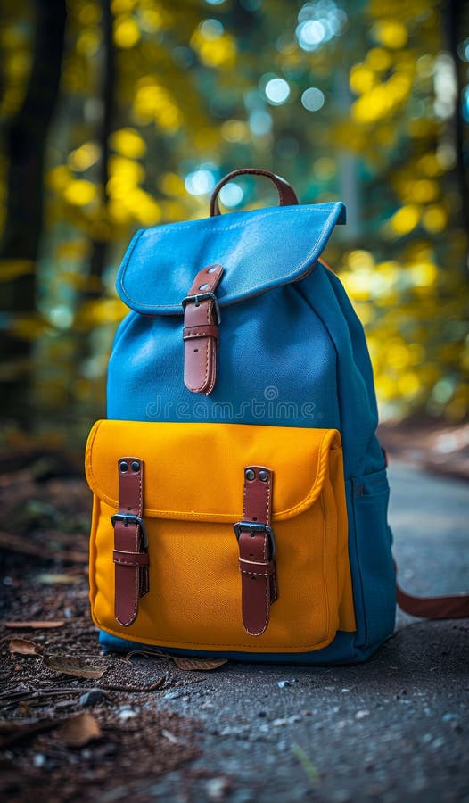 A Blue and Yellow Backpack is Sitting on a Sidewalk Stock Photo - Image ...