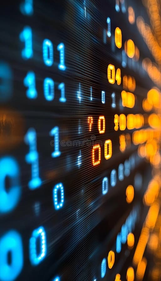 Blue and Yellow Binary Code Streams Flowing on a Computer Screen. Digital Technology Background ...