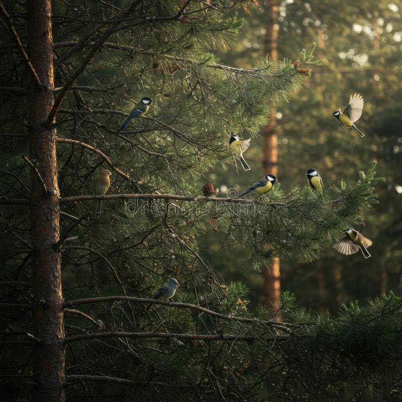 Blue and Yellow Birds Perching and Flying in Lush Green Forest Stock ...