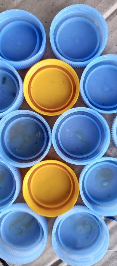 Blue and Yellow Bottle Caps Lined Up in the Daytime Atmosphere Stock ...
