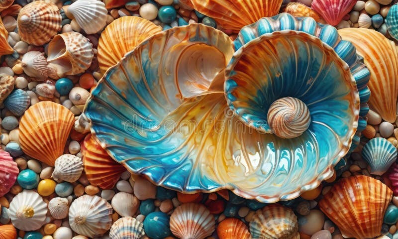 A Blue and Yellow Bowl with a Seashell Inside is Shown on a Table with ...