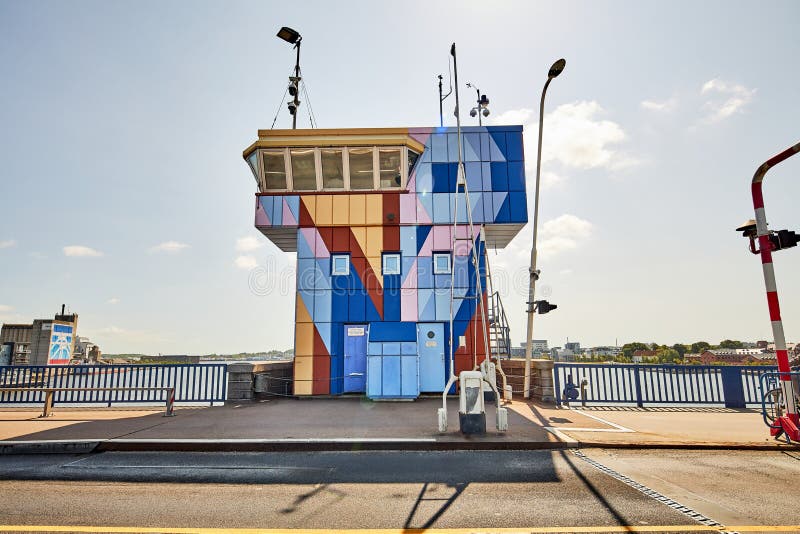 Blue and Yellow Bridge Tower in Denmark Editorial Photography - Image ...