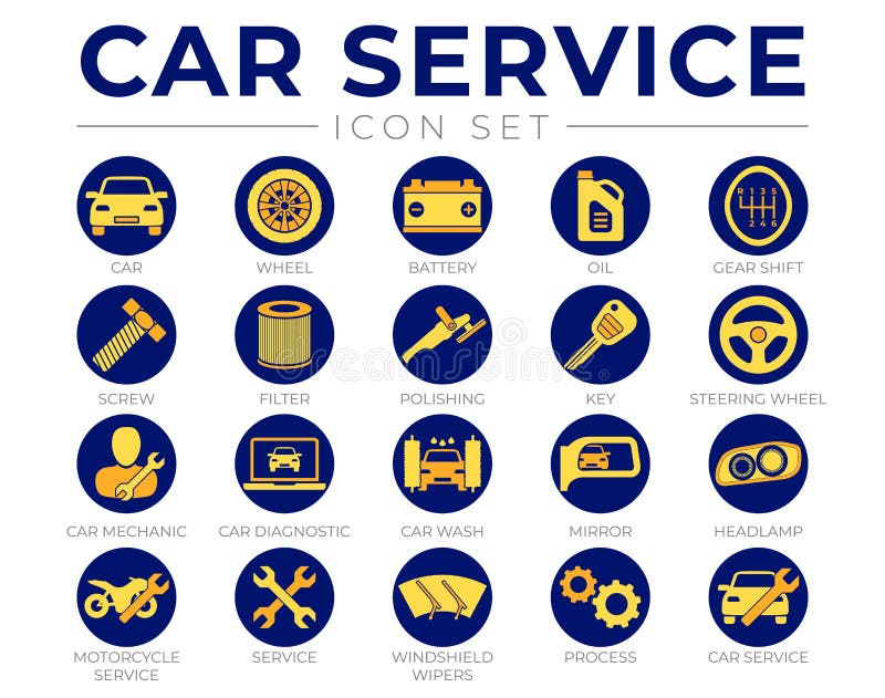 Blue Yellow Car Service Round Icons Set With Battery, Oil, Gear Shifter ... Blue Yellow Car Service Round Icons Set With Battery, Oil, Gear Shifter ...