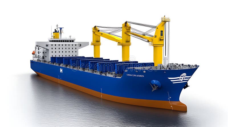 Blue and Yellow Cargo Ship on White Background Stock Illustration ...