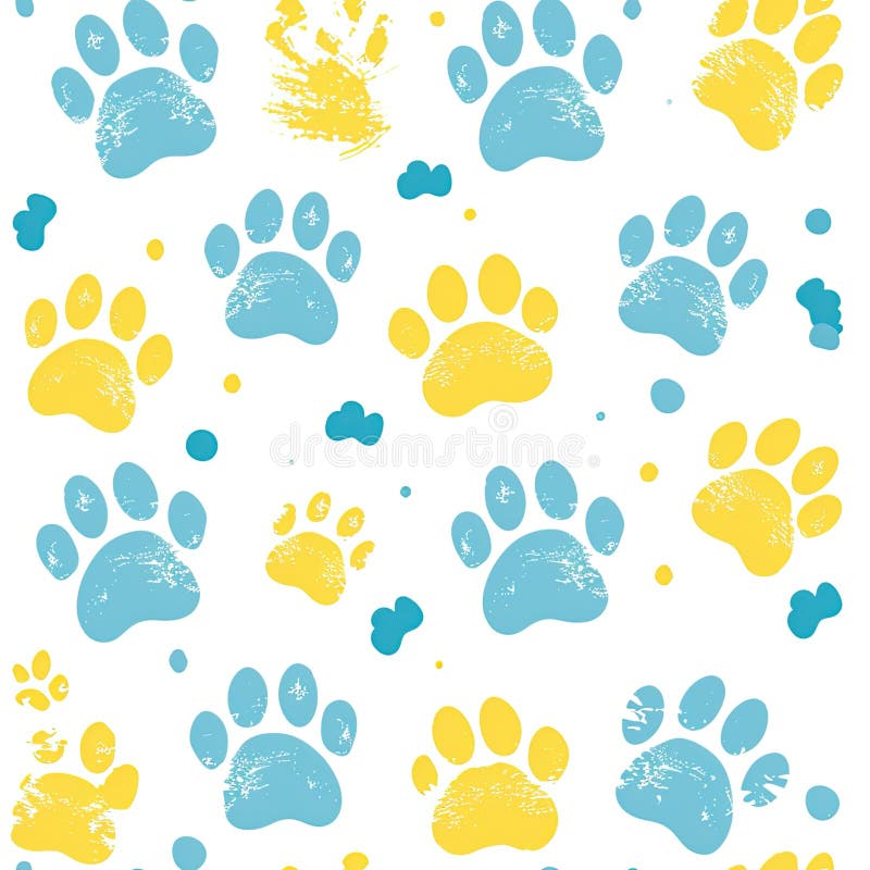 Blue and Yellow Cat Paw Print Pattern. Generative AI Stock Illustration ...