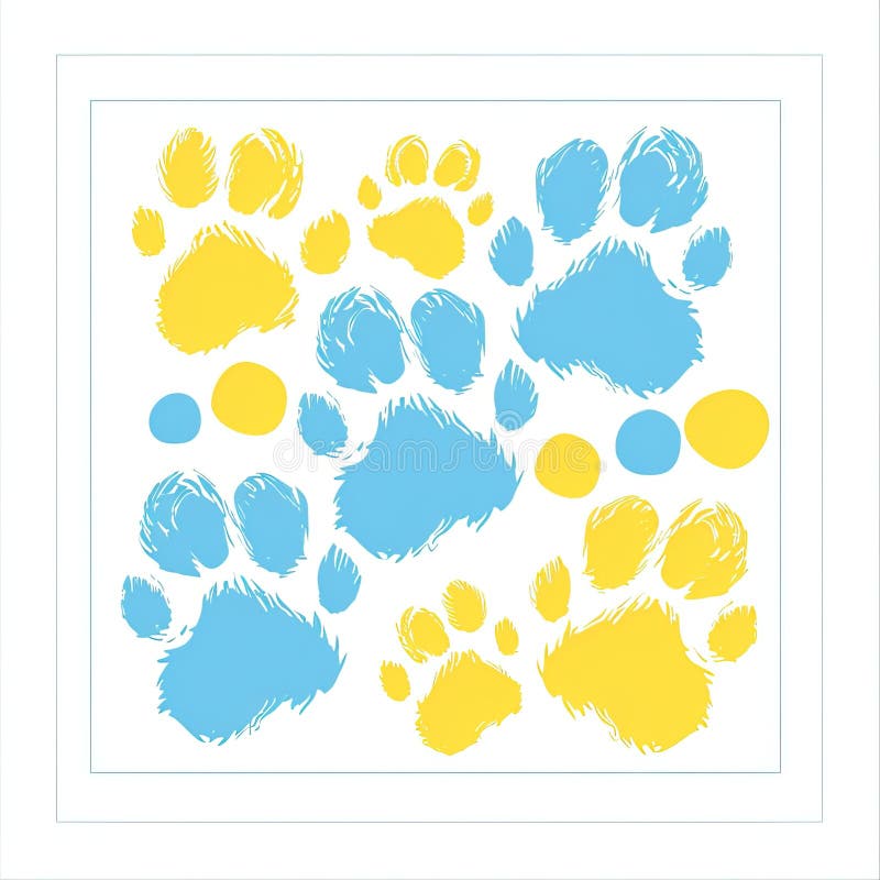 Blue and Yellow Cat Paw Print Pattern. Generative AI Stock Illustration ...