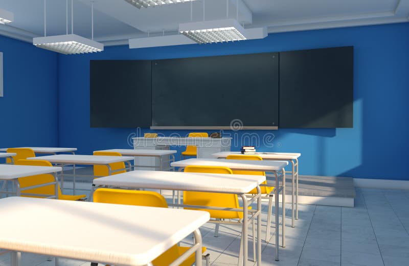 Modern Classroom with Large Panoramic Windows and White Desks, Bright ...