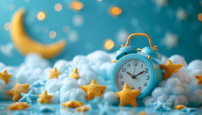 A Blue and Yellow Clock is on a Bed with a Bunch of Stars and a Moon ...