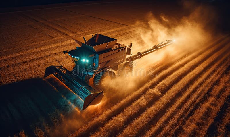 Blue and Yellow Combine Harvesting Under the Starry Night Sky Stock ...