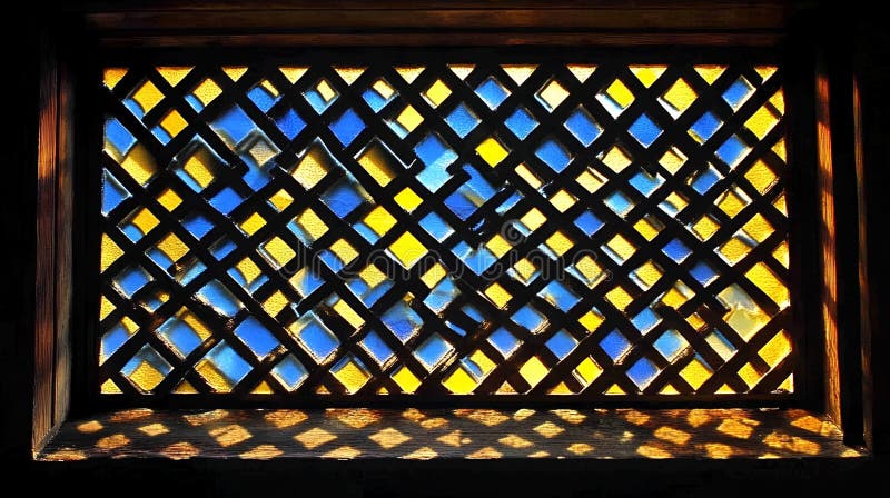 Blue Yellow Diamond Pattern Glass Window Pane Design Abstract Geometric ...