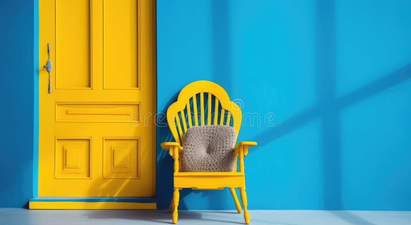 A Blue and Yellow Door and Chair Against a Blue Wall Stock Image ...