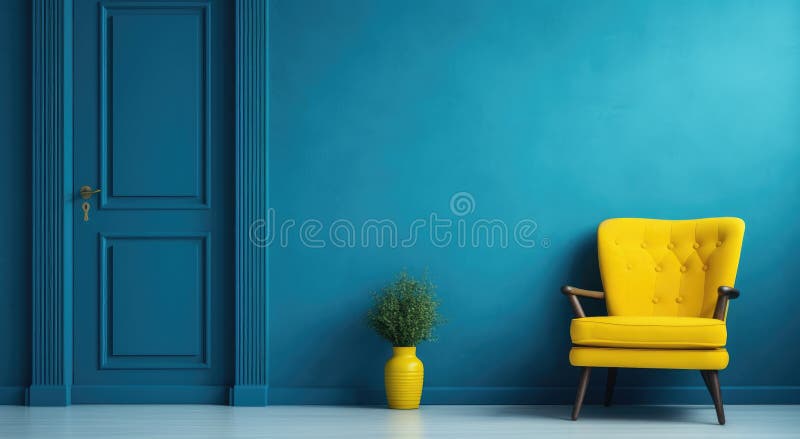 A Blue and Yellow Door and Chair Against a Blue Wall Stock Image ...