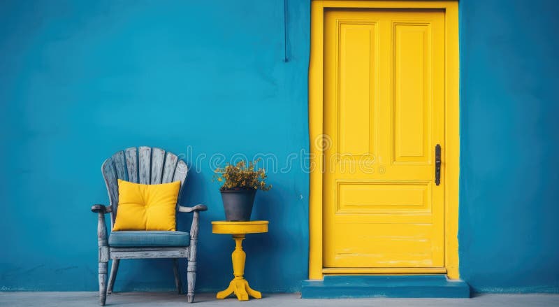 A Blue and Yellow Door and Chair Against a Blue Wall Stock Image ...