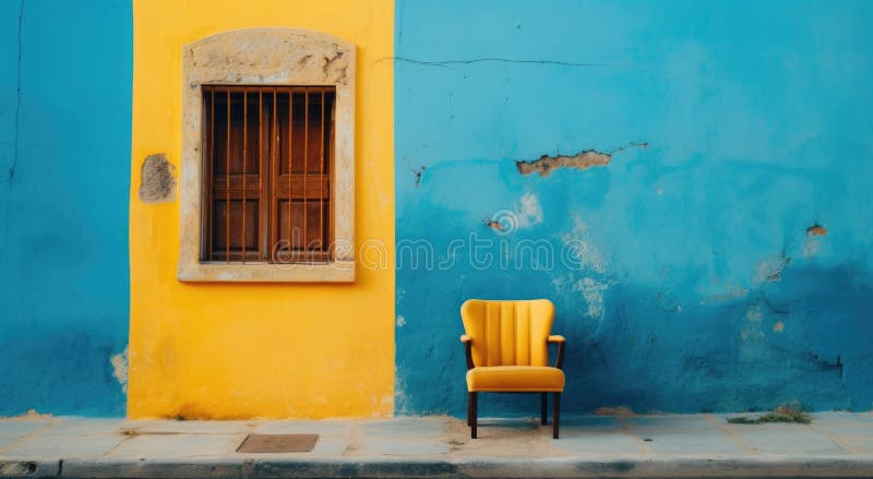 A Blue and Yellow Door and Chair Against a Blue Wall Stock Photo ...