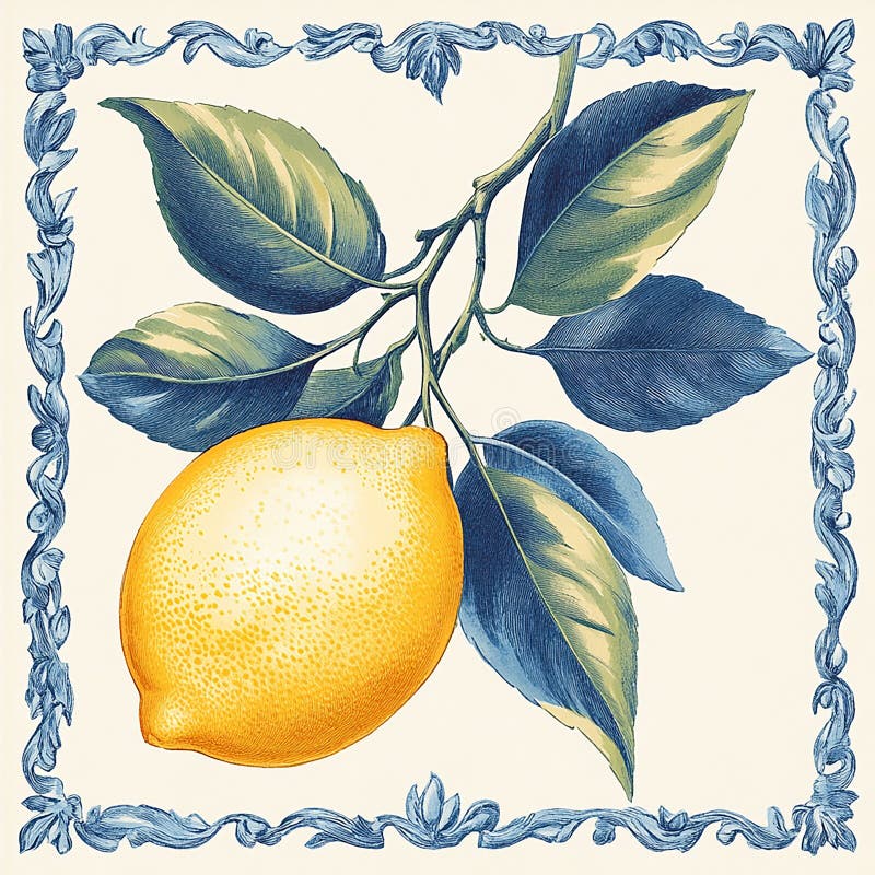 A Blue and Yellow Drawing of a Lemon Tree Branch with a Lemon on it ...