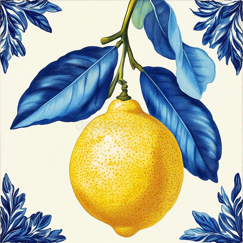 A Blue and Yellow Drawing of a Lemon Tree Branch with a Lemon on it ...