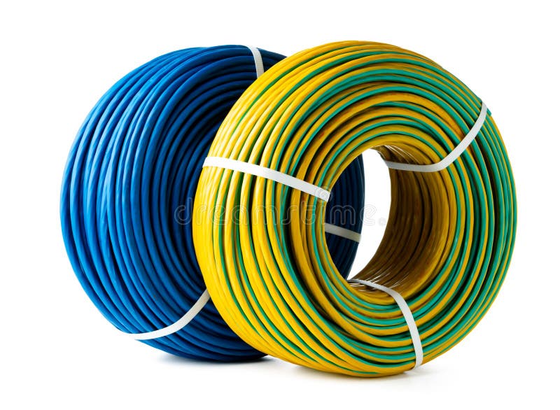 Blue and Yellow Electrical Wire Spools Isolated on White Background ...
