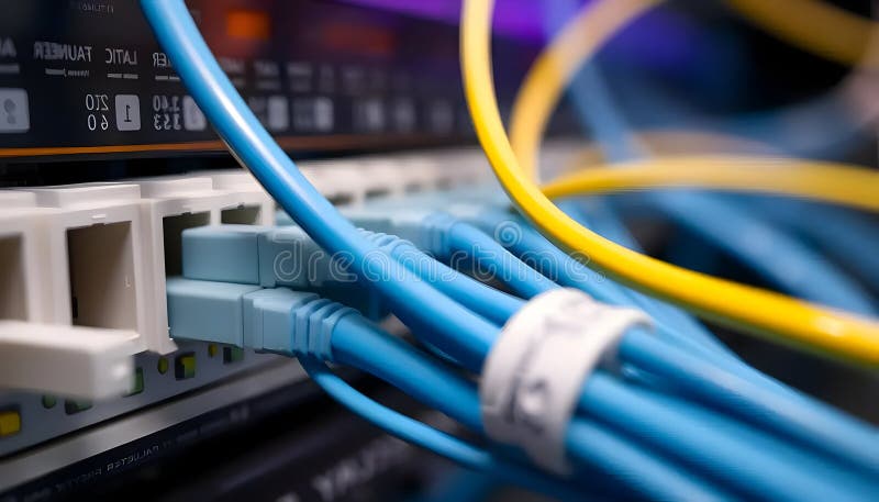 Blue and Yellow Ethernet Cables Connected To Network Switch Stock ...