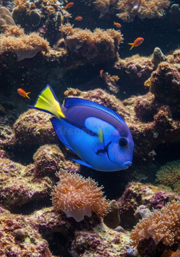 Vibrant Yellow Fish School Swimming Deep Ocean Seaweed Stock Photos ...