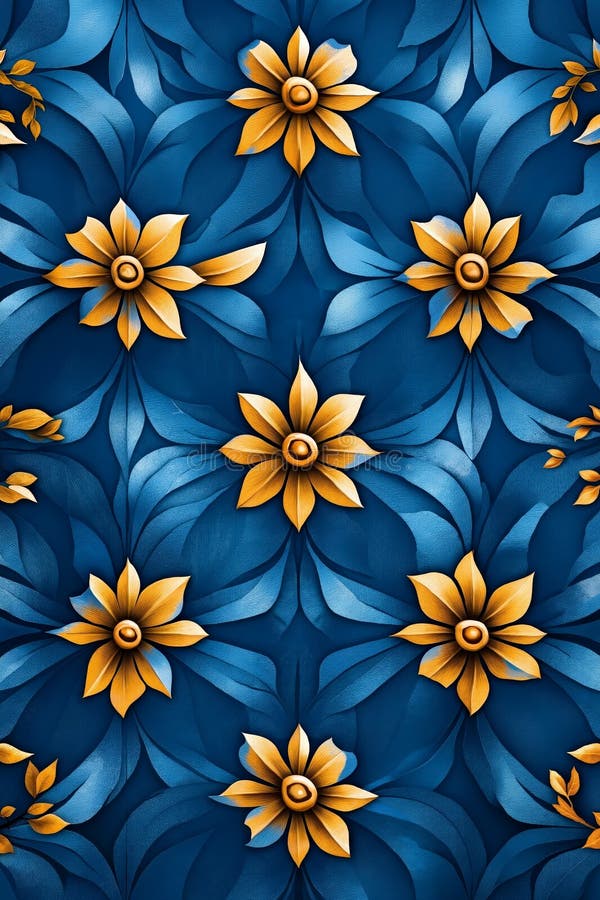 A Blue and Yellow Flower Pattern on a Blue Background Stock Photo ...