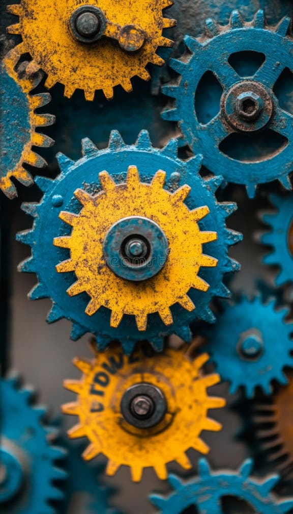Blue and Yellow Gears and Cogs Abstract Background with Blur Effect and ...