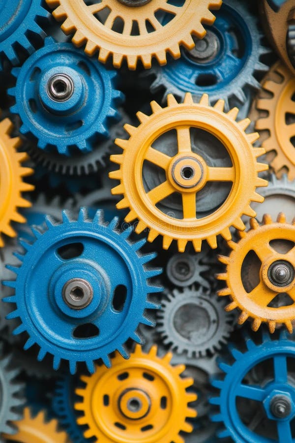 Blue and Yellow Gears and Cogs Background, Abstract Industrial ...