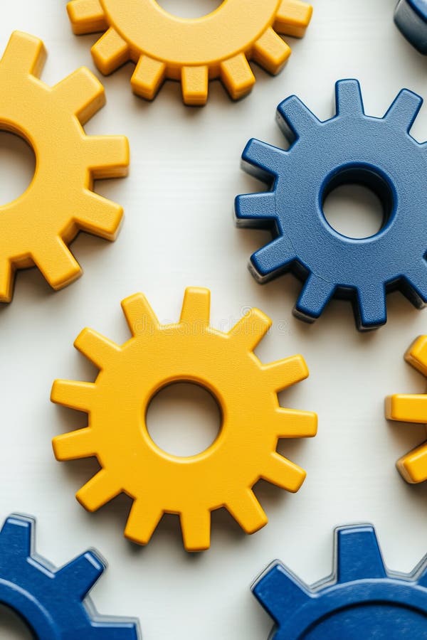 Blue and Yellow Gears and Cogs on White Background Teamwork and ...