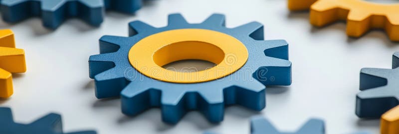 Blue and Yellow Gears on White , Manufacturing and Industry or Teamwork ...